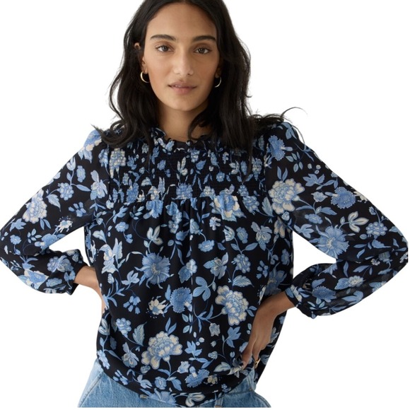 J. Crew Factory | Tops | Jcrew Ruffle Neck Chiffon Top Midnight Blue ...